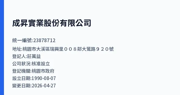 成昇實業股份有限公司的照片-統編 23878712(桃園市) 公司登記資料與營業項目詳細圖表