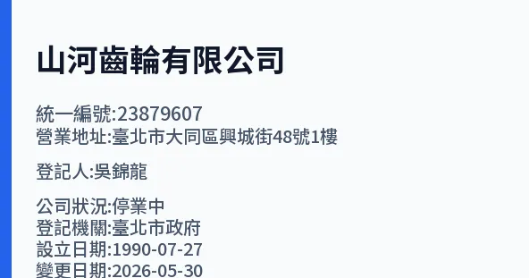 山河齒輪有限公司的照片-統編 23879607(臺北市) 公司登記資料與營業項目詳細圖表