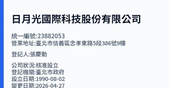 日月光國際科技股份有限公司的照片-統編 23882053(臺北市) 公司登記資料與營業項目詳細圖表