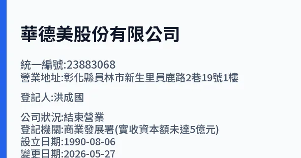 華德美股份有限公司的照片-統編 23883068(彰化縣) 公司登記資料與營業項目詳細圖表