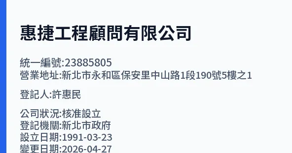 惠捷工程顧問有限公司的照片-統編 23885805(新北市) 公司登記資料與營業項目詳細圖表