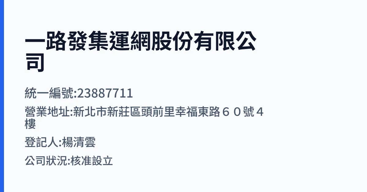 一路發集運網股份有限公司 - 統編 23887711(新北市) 公司登記資料與營業項目詳細圖表