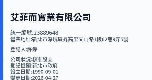 艾菲而實業有限公司的照片-統編 23889648(新北市) 公司登記資料與營業項目詳細圖表