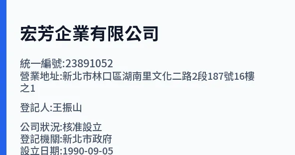 宏芳企業有限公司的照片-統編 23891052(新北市) 公司登記資料與營業項目詳細圖表