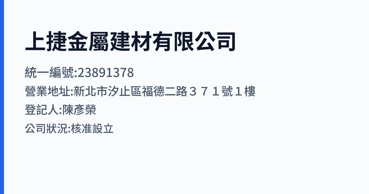 上捷金屬建材有限公司 - 統編 23891378(新北市) 公司登記資料與營業項目詳細圖表