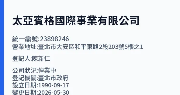 太亞賓格國際事業有限公司的照片-統編 23898246(臺北市) 公司登記資料與營業項目詳細圖表