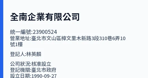 全南企業有限公司的照片-統編 23900524(臺北市) 公司登記資料與營業項目詳細圖表