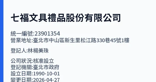 七福文具禮品股份有限公司的照片-統編 23901354(臺北市) 公司登記資料與營業項目詳細圖表