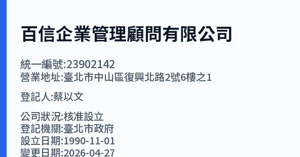 百信企業管理顧問有限公司的照片-統編 23902142(臺北市) 公司登記資料與營業項目詳細圖表