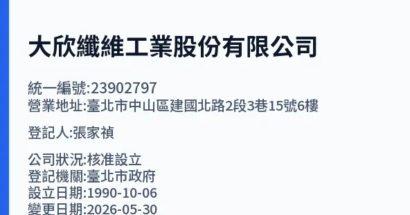 大欣纖維工業股份有限公司的照片-統編 23902797(臺北市) 公司登記資料與營業項目詳細圖表