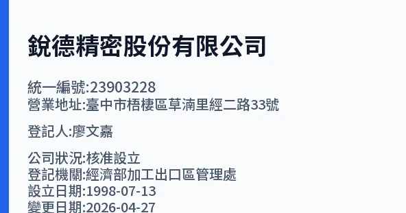 銳德精密股份有限公司的照片-統編 23903228(臺中市) 公司登記資料與營業項目詳細圖表