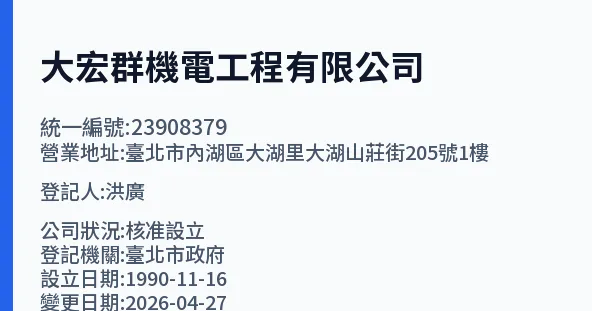 大宏群機電工程有限公司的照片-統編 23908379(臺北市) 公司登記資料與營業項目詳細圖表