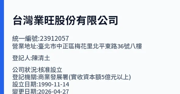 台灣業旺股份有限公司的照片-統編 23912057(臺北市) 公司登記資料與營業項目詳細圖表