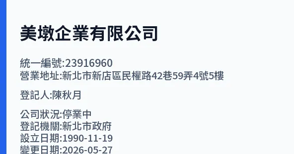 美墩企業有限公司的照片-統編 23916960(新北市) 公司登記資料與營業項目詳細圖表