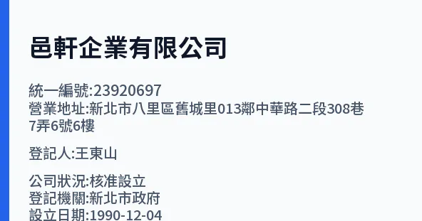 邑軒企業有限公司的照片-統編 23920697(新北市) 公司登記資料與營業項目詳細圖表