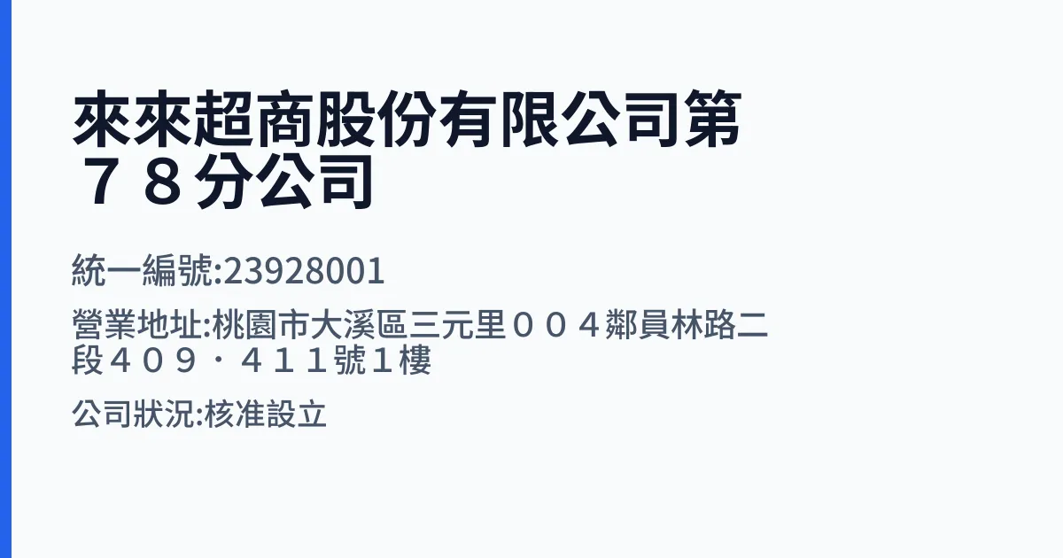 來來超商股份有限公司第７８分公司 - 統編 23928001(桃園市) 公司登記資料與營業項目詳細圖表