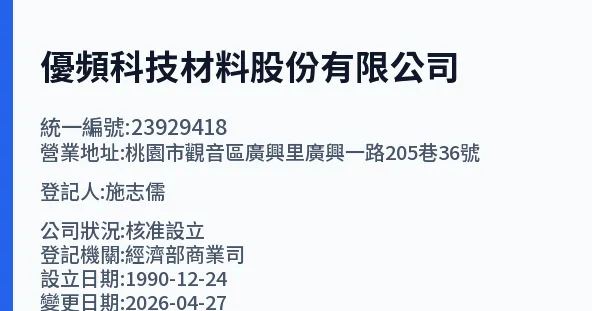 優頻科技材料股份有限公司的照片-統編 23929418(桃園市) 公司登記資料與營業項目詳細圖表