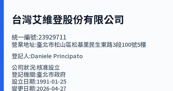 台灣艾維登股份有限公司的照片-統編 23929711(臺北市) 公司登記資料與營業項目詳細圖表
