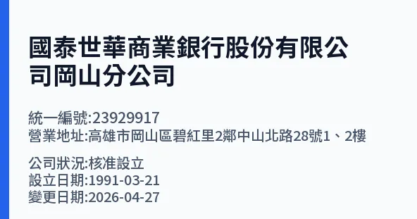國泰世華商業銀行股份有限公司岡山分公司的照片-統編 23929917(高雄市) 公司登記資料與營業項目詳細圖表