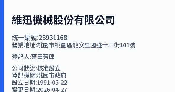維迅機械股份有限公司的照片-統編 23931168(桃園市) 公司登記資料與營業項目詳細圖表