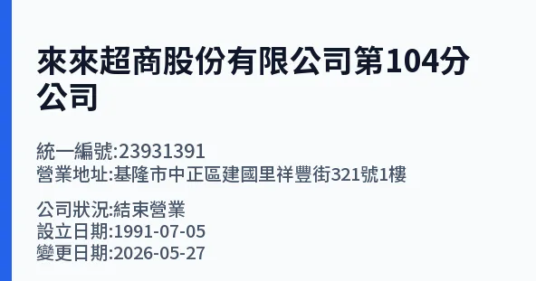 來來超商股份有限公司第104分公司的照片-統編 23931391(基隆市) 公司登記資料與營業項目詳細圖表