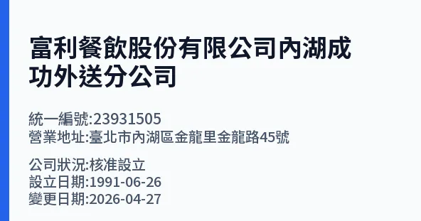 富利餐飲股份有限公司內湖成功外送分公司的照片-統編 23931505(臺北市) 公司登記資料與營業項目詳細圖表