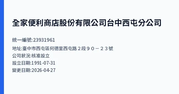 全家便利商店股份有限公司台中西屯分公司的照片-統編 23931961(臺中市) 公司登記資料與營業項目詳細圖表