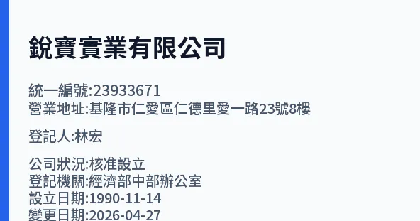 銳寶實業有限公司的照片-統編 23933671(基隆市) 公司登記資料與營業項目詳細圖表