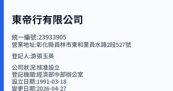 東帝行有限公司的照片-統編 23933905(彰化縣) 公司登記資料與營業項目詳細圖表