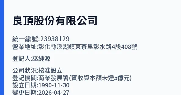良頂股份有限公司的照片-統編 23938129(彰化縣) 公司登記資料與營業項目詳細圖表