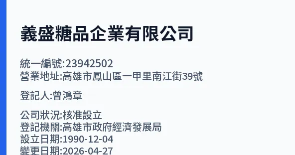 義盛糖品企業有限公司的照片-統編 23942502(高雄市) 公司登記資料與營業項目詳細圖表