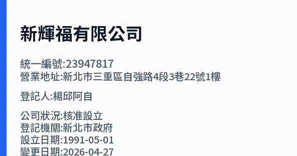 新輝福有限公司的照片-統編 23947817(新北市) 公司登記資料與營業項目詳細圖表