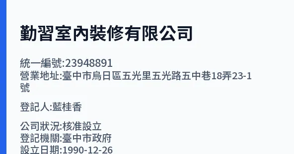 勤習室內裝修有限公司的照片-統編 23948891(臺中市) 公司登記資料與營業項目詳細圖表