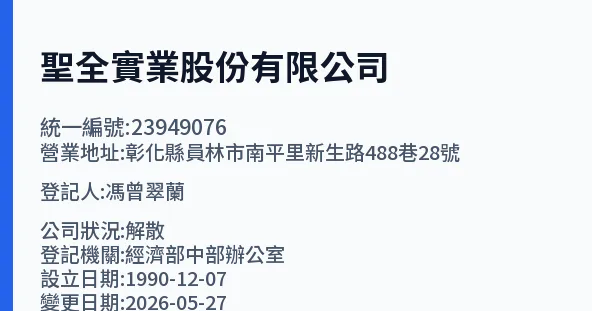 聖全實業股份有限公司的照片-統編 23949076(彰化縣) 公司登記資料與營業項目詳細圖表