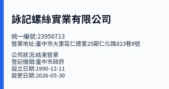 詠記螺絲實業有限公司的照片-統編 23950713(臺中市) 公司登記資料與營業項目詳細圖表