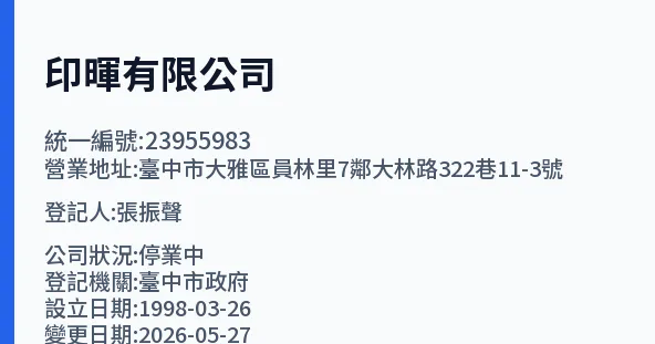 印暉有限公司的照片-統編 23955983(臺中市) 公司登記資料與營業項目詳細圖表