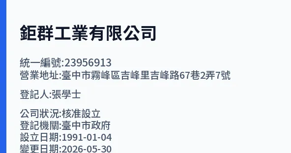 鉅群工業有限公司的照片-統編 23956913(臺中市) 公司登記資料與營業項目詳細圖表