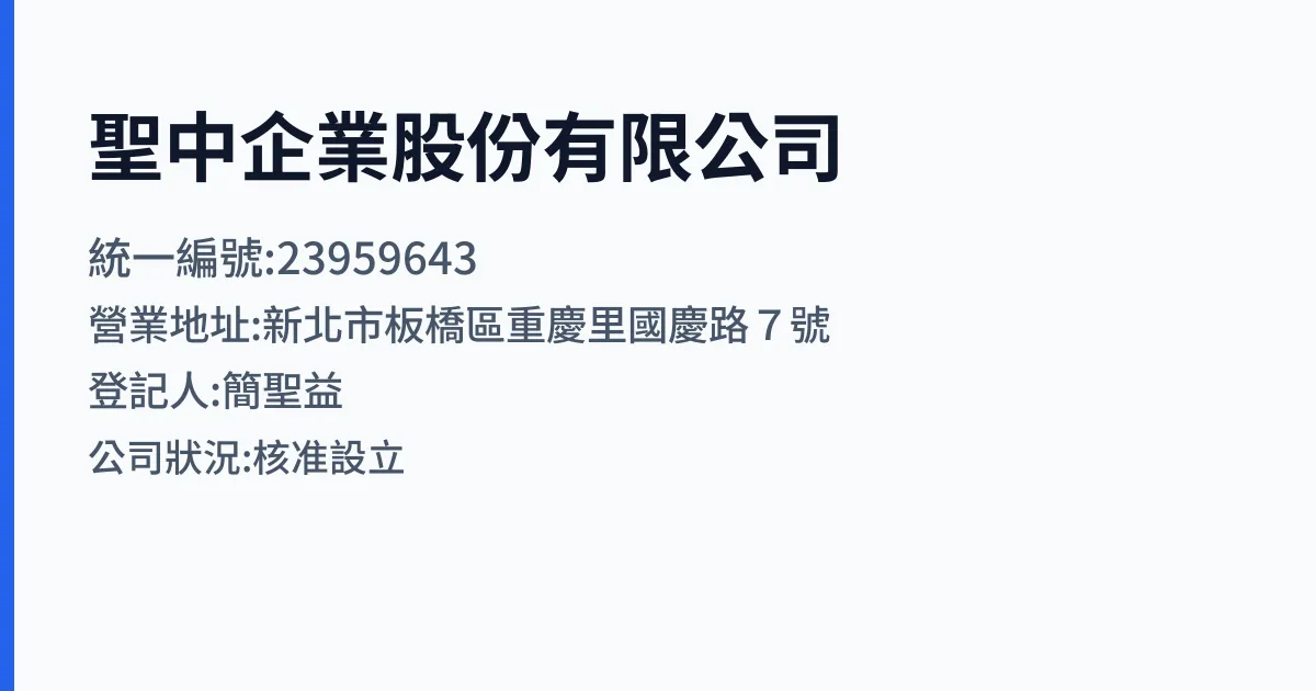 聖中企業股份有限公司 - 統編 23959643(新北市) 公司登記資料與營業項目詳細圖表