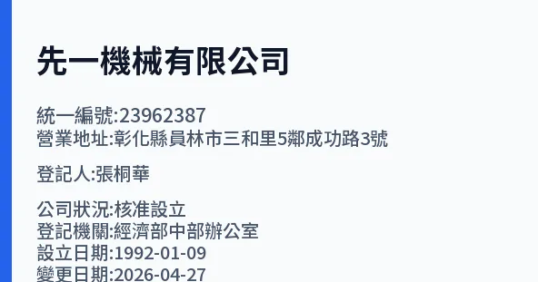 先一機械有限公司的照片-統編 23962387(彰化縣) 公司登記資料與營業項目詳細圖表