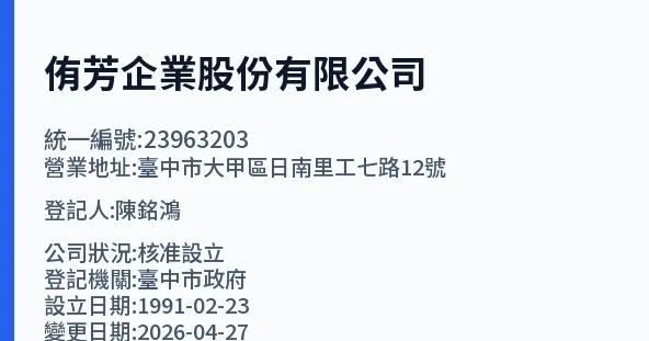 侑芳企業股份有限公司的照片-統編 23963203(臺中市) 公司登記資料與營業項目詳細圖表