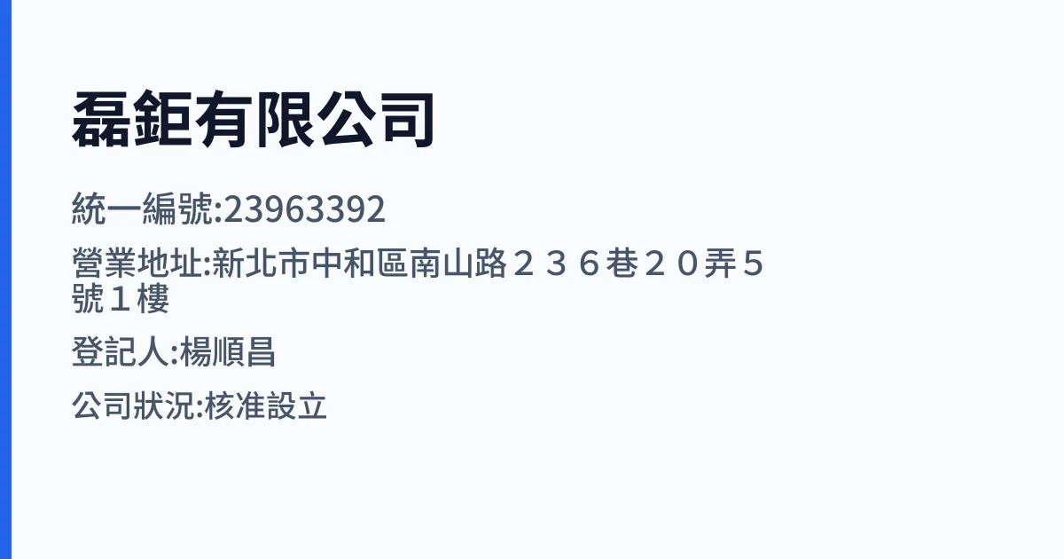 磊鉅有限公司 - 統編 23963392(新北市) 公司登記資料與營業項目詳細圖表