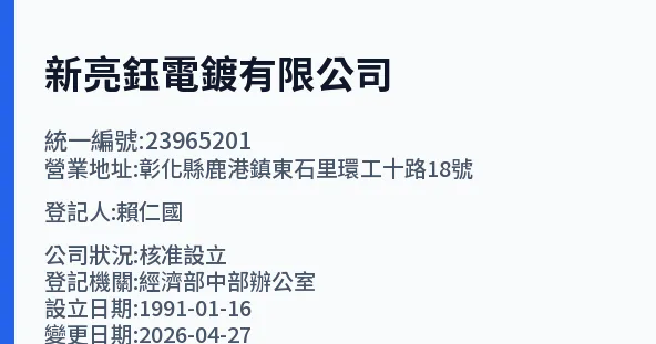 新亮鈺電鍍有限公司的照片-統編 23965201(彰化縣) 公司登記資料與營業項目詳細圖表