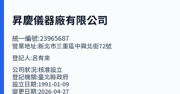 昇慶儀器廠有限公司的照片-統編 23965687(新北市) 公司登記資料與營業項目詳細圖表