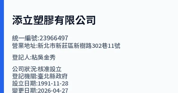 添立塑膠有限公司的照片-統編 23966497(新北市) 公司登記資料與營業項目詳細圖表