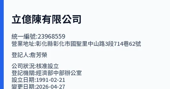 立億陳有限公司的照片-統編 23968559(彰化縣) 公司登記資料與營業項目詳細圖表
