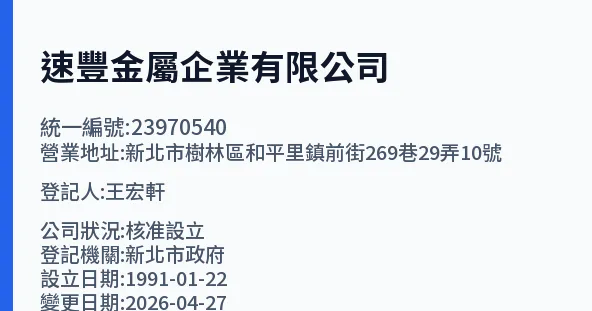 速豐金屬企業有限公司的照片-統編 23970540(新北市) 公司登記資料與營業項目詳細圖表