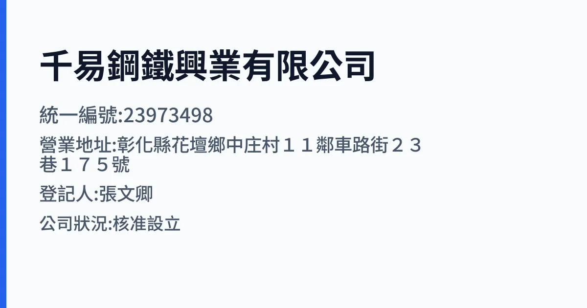 千易鋼鐵興業有限公司 - 統編 23973498(彰化縣) 公司登記資料與營業項目詳細圖表