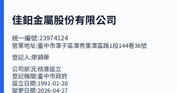 佳鈤金屬股份有限公司的照片-統編 23974124(臺中市) 公司登記資料與營業項目詳細圖表