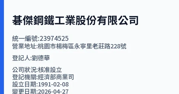 碁傑鋼鐵工業股份有限公司的照片-統編 23974525(桃園市) 公司登記資料與營業項目詳細圖表