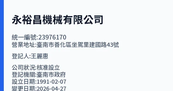 永裕昌機械有限公司的照片-統編 23976170(臺南市) 公司登記資料與營業項目詳細圖表